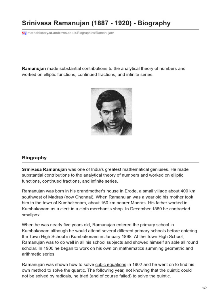 Mathshistory - St-Andrews - Ac.uk-Srinivasa Ramanujan 1887 - 1920 ... Mathshistory - St-Andrews - Ac.uk-Srinivasa Ramanujan 1887 - 1920 ...