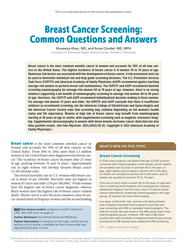 Breast Cancer Screening | PDF | Mammography | Breast Cancer