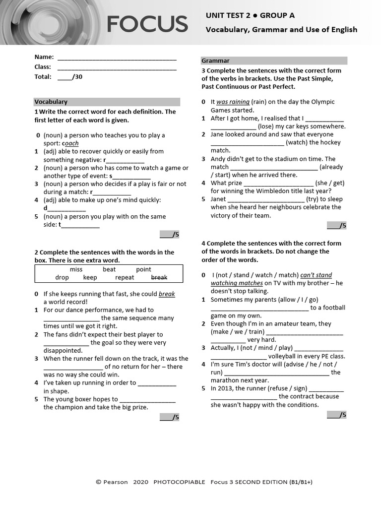 Focus3 2E Unit Test Vocabulary Grammar UoE Unit2 GroupA | PDF ...
