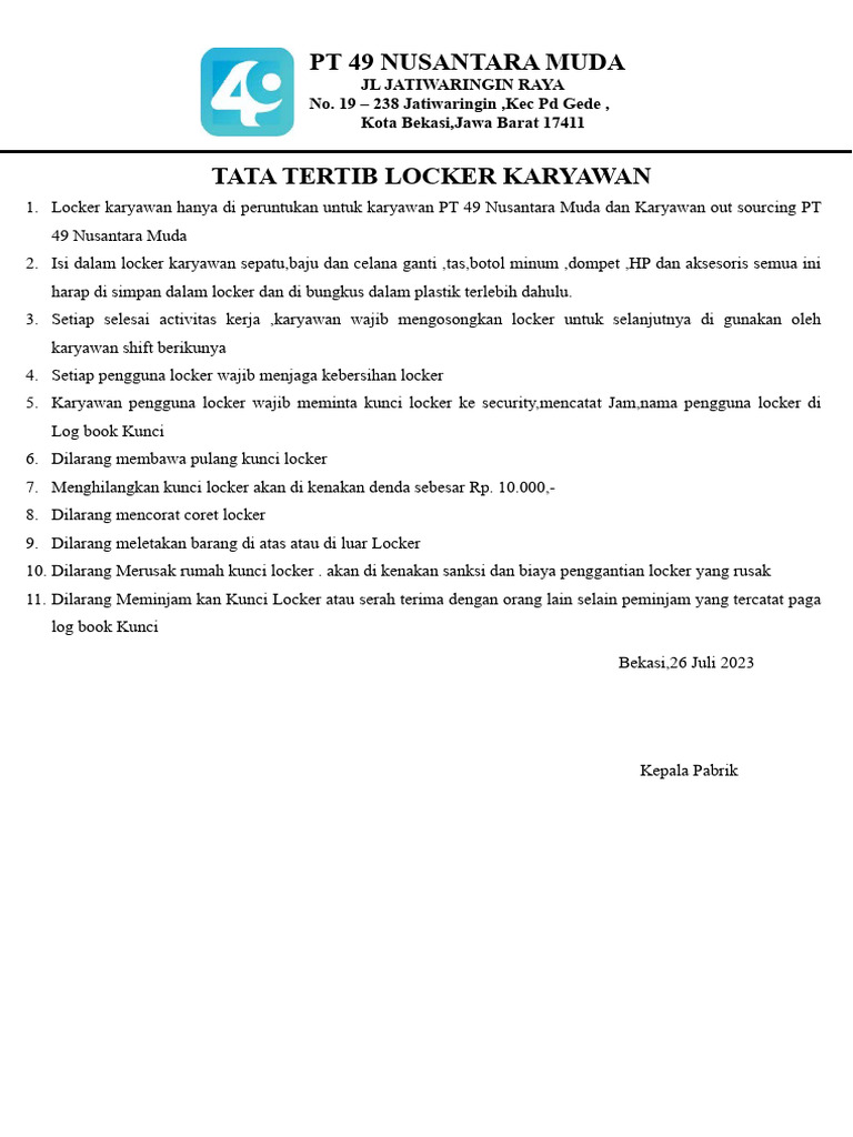 Tata Tertib Locker Karyawan | PDF