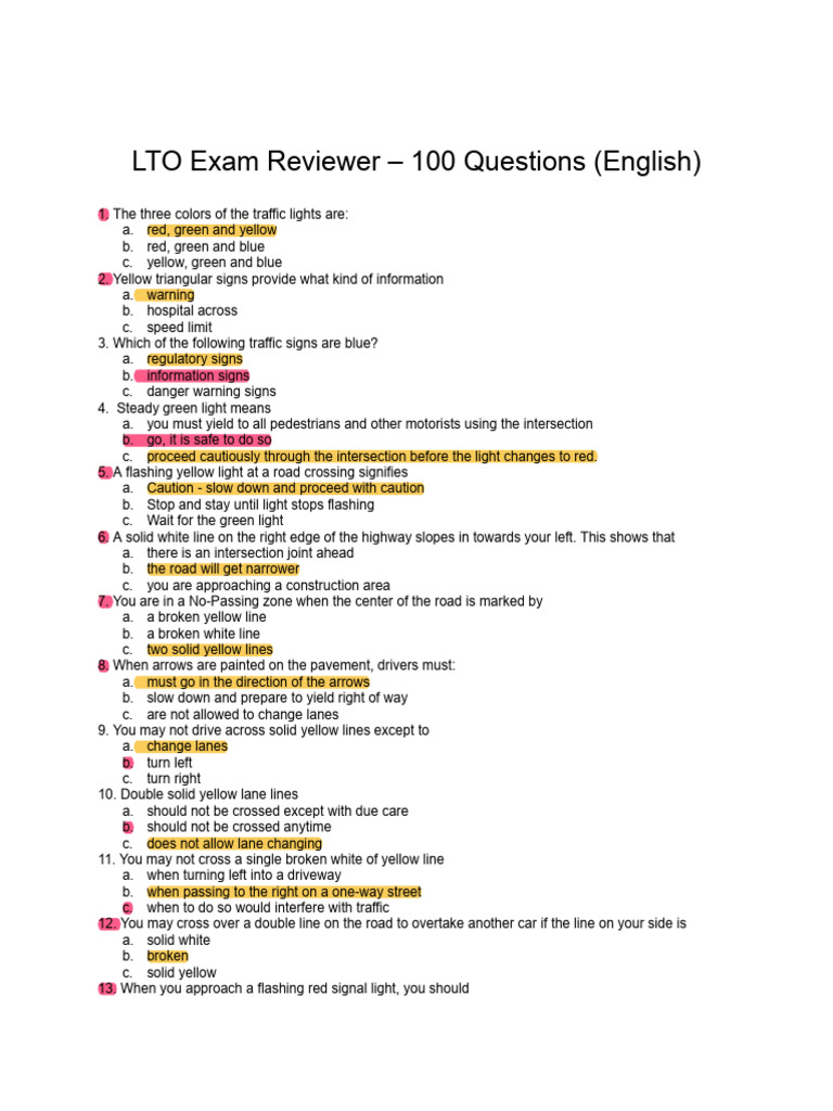 LTO Drivers License Examination Reviewer English | PDF | Traffic ...