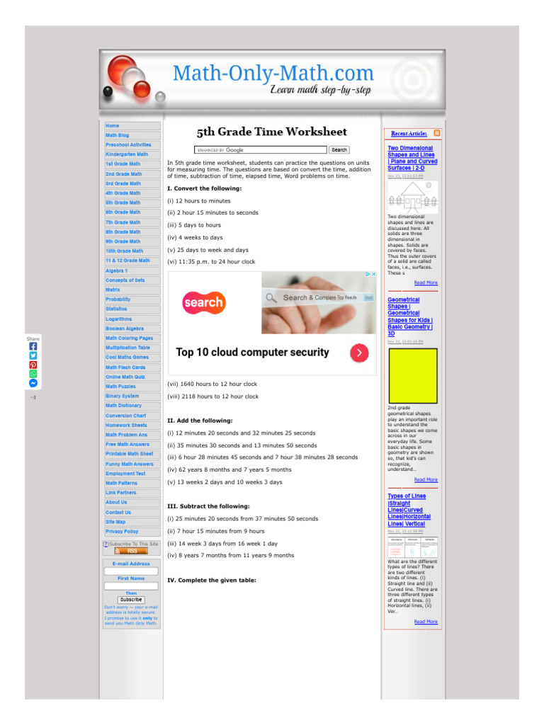 WWW Math Only Math Com 5th Grade Time Worksheet HTML | PDF ...