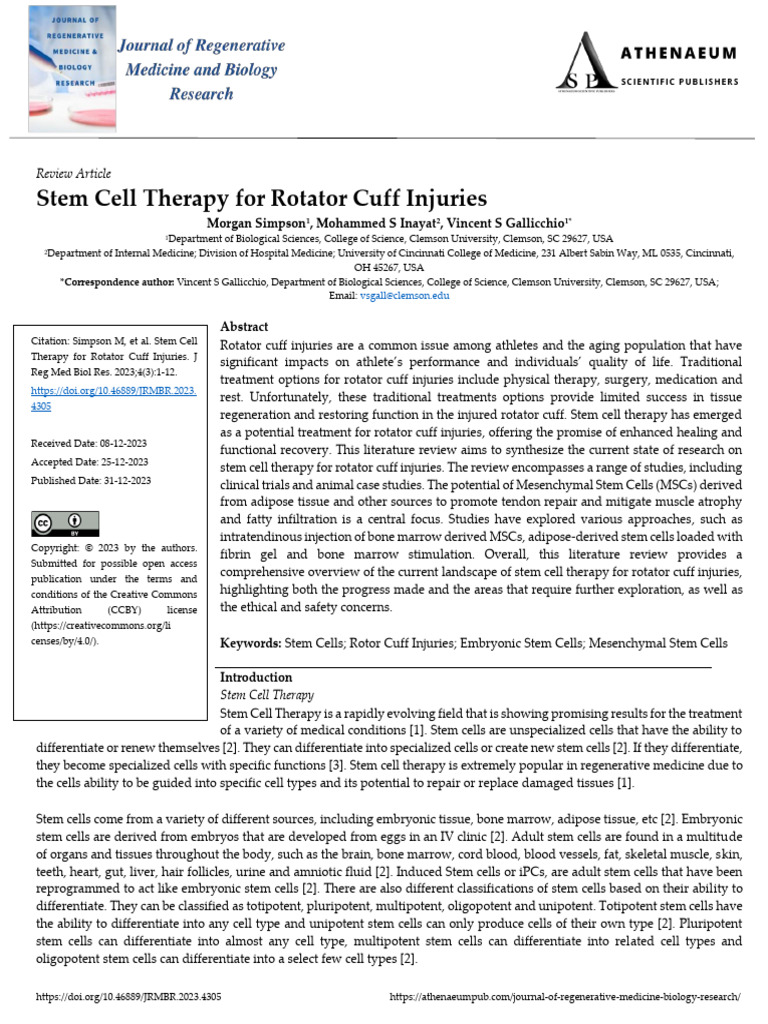 Stem Cell Therapy For Rotator Cuff Injuries | PDF | Cell Potency | Mesenchymal Stem Cell
