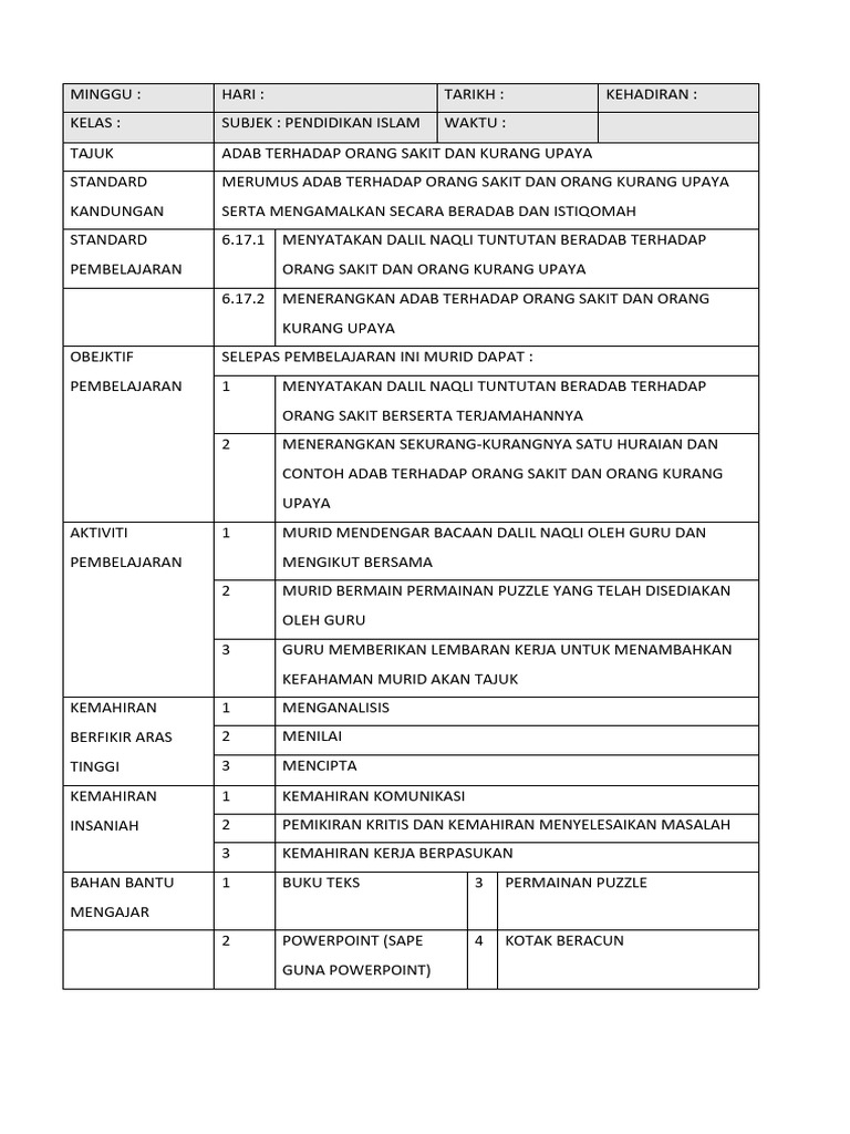 Contoh RPH Pendidikan Islam T4 | PDF