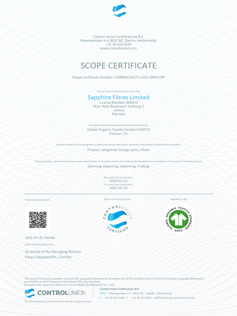 GOTS Scope Certificate for Sapphire Fibres | PDF | Yarn | Textiles