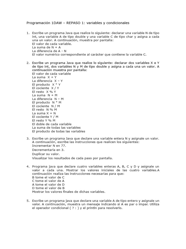 Ejercicios Java Variables y Condiciones | PDF | Crecimiento personal y ...