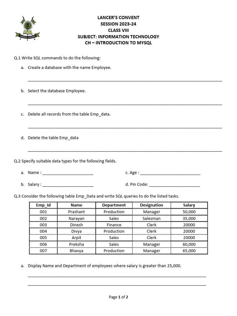 Viii - It - Assignment - Introduction To Mysql 2023-24 | PDF | Computers
