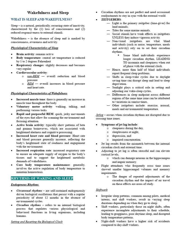 Summary Notes For Wakefulness and Sleep | PDF | Sleep | Circadian Rhythm