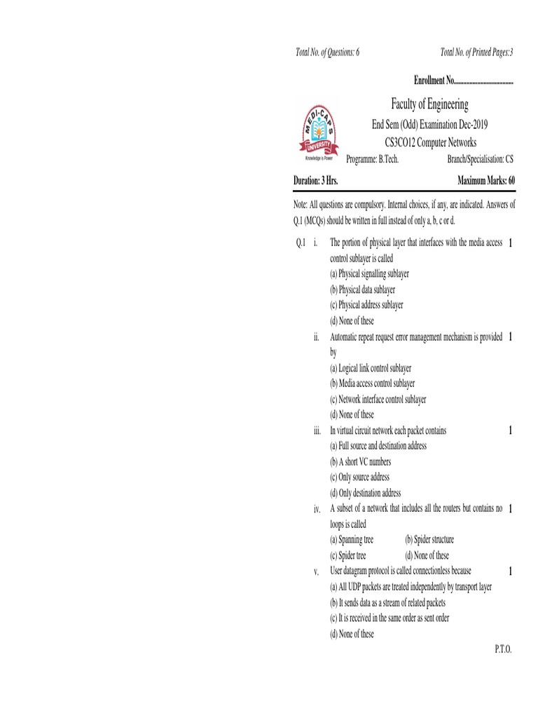 Computer Networks Exam Questions 2019 | PDF | Computer Network ...