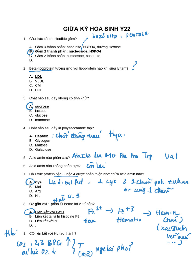 Giữa Kỳ Hóa Sinh Y22: B. Gồm 2 thành phần: nucleoside, H3PO4 | PDF