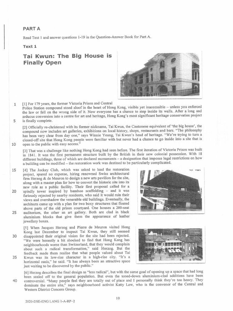 2020 DSE Reading - A - Tai Kwun The Big House Is Finally Open | PDF