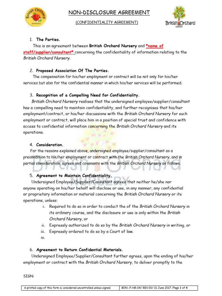 British Orchard NDA Agreement | PDF | Breach Of Contract | Non ...