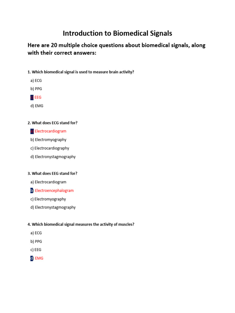 Biomedical Signals Questions With Answers | PDF