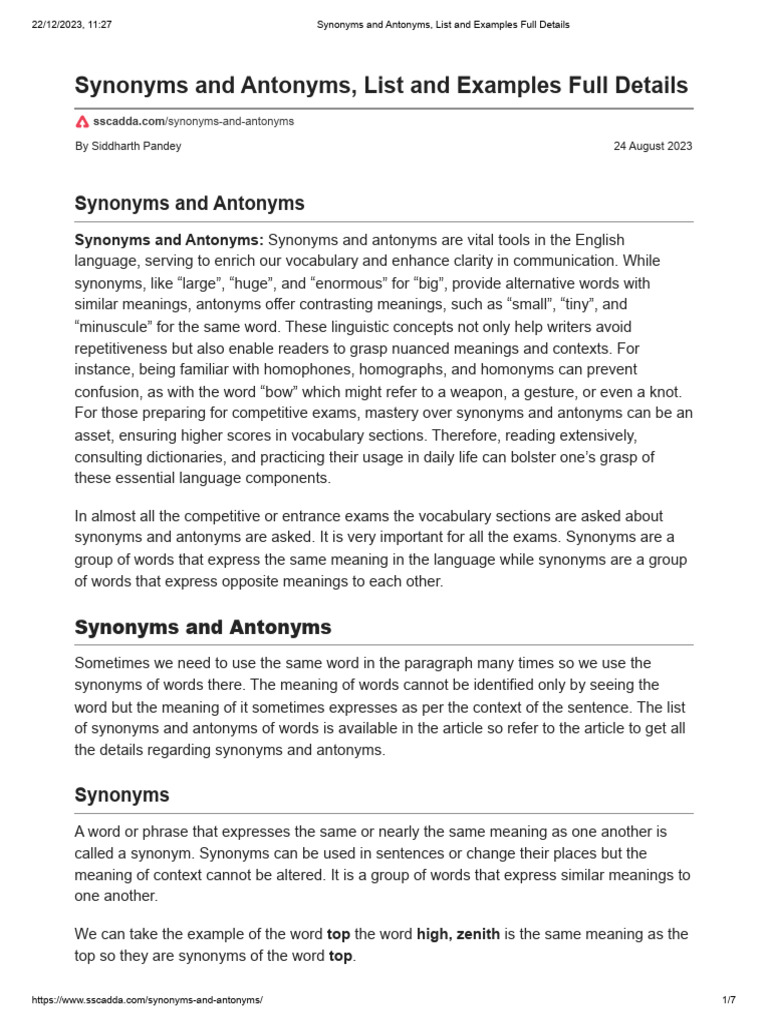 Synonyms and Antonyms, List and Examples Full Details | PDF | Word ...