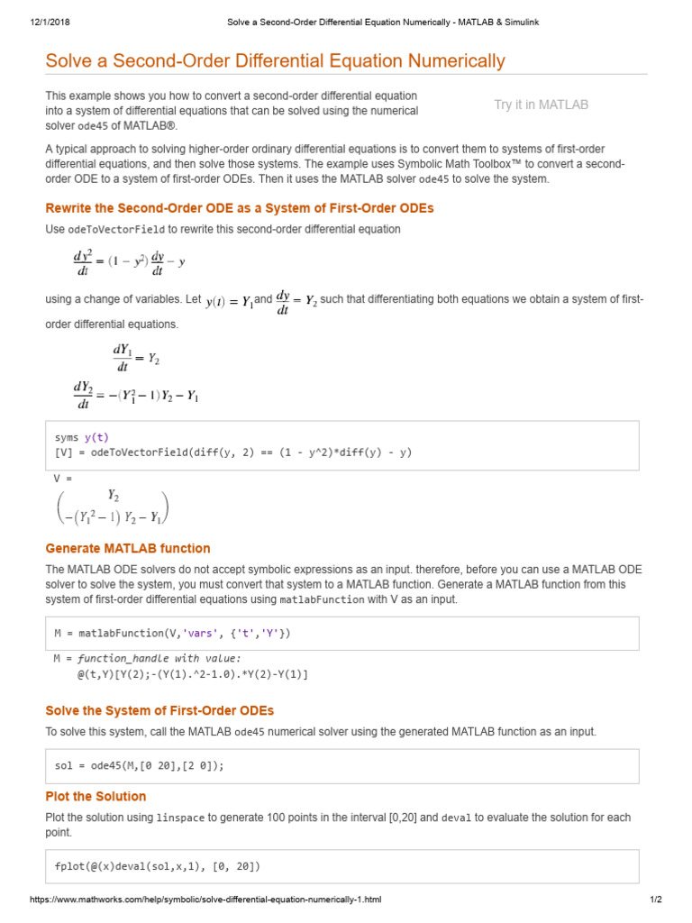 Solve A Second-Order Differential Equation Numerically - MATLAB Simulink | PDF | Ordinary ...