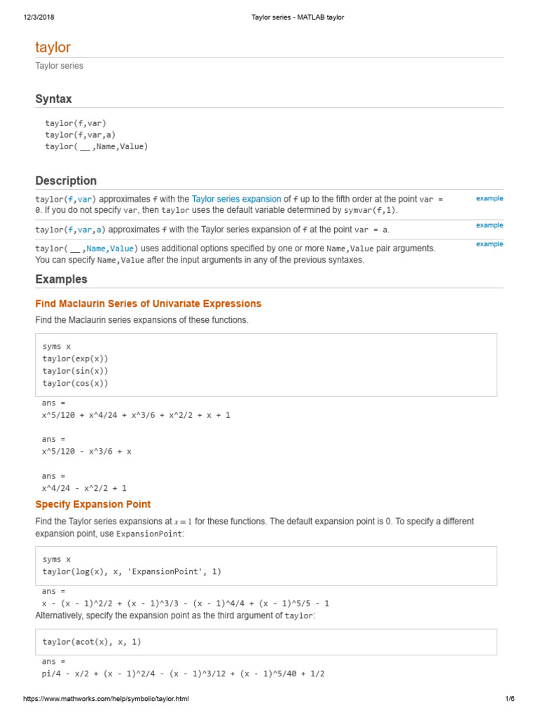 Taylor Series - MATLAB Taylor | PDF