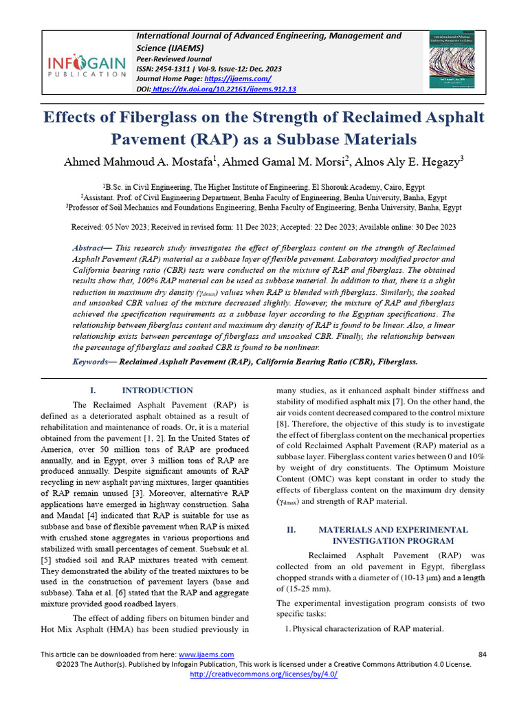 Effects of Fiberglass On The Strength of Reclaimed Asphalt Pavement ...