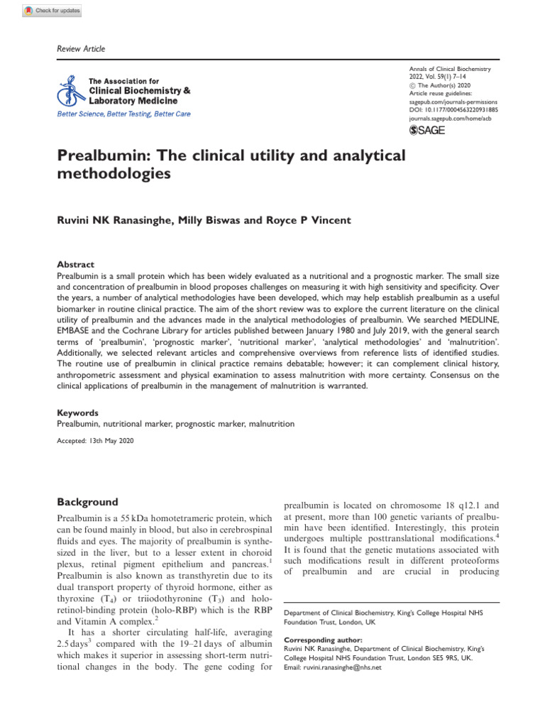 Ranasinghe Et Al 2020 Prealbumin The Clinical Utility and Analytical Methodologies | PDF | C ...