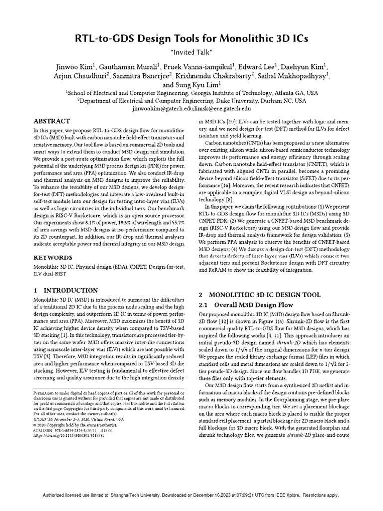 RTL-to-GDS Design Tools For Monolithic 3D ICs | PDF | Integrated ...