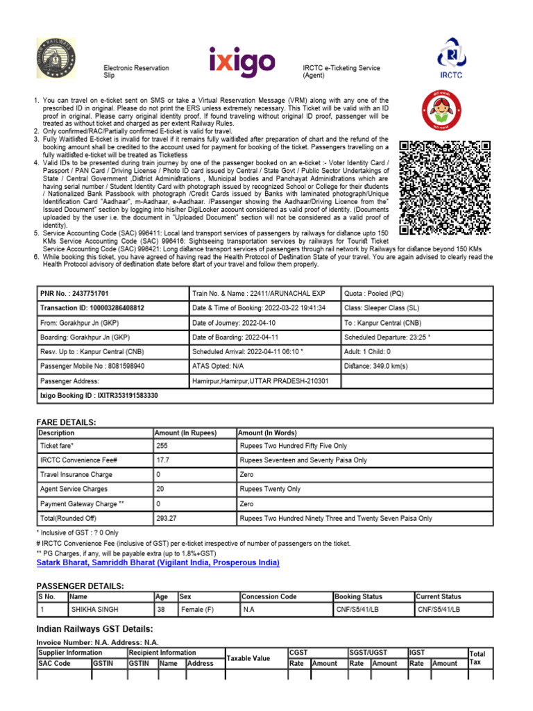 Ixigo Ticket - 22411 | PDF | Identity Document | Government