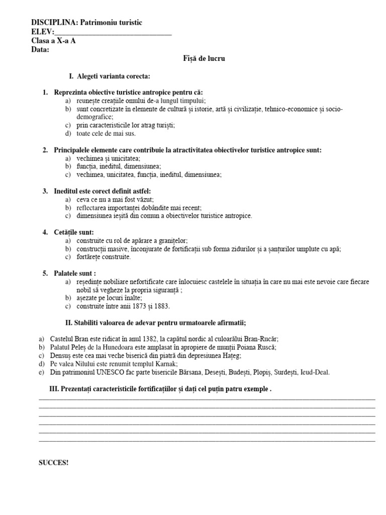 Fisa de Lucru Patrimoniul Turistic | PDF
