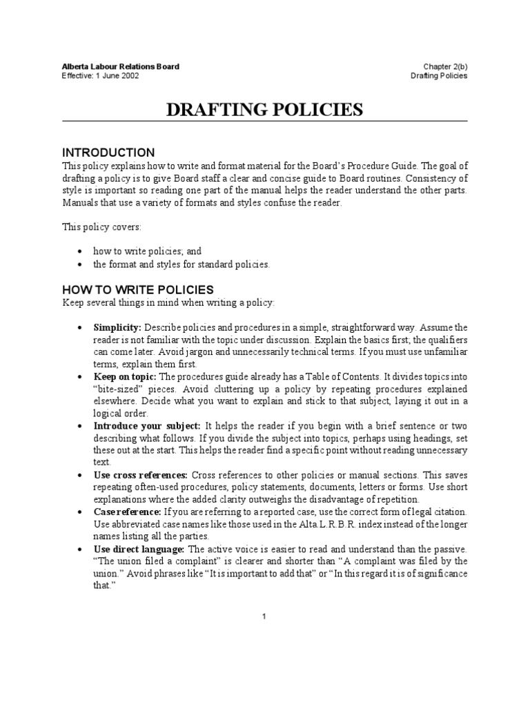 Guidelines for Drafting Clear and Consistent Policies for the Alberta ...