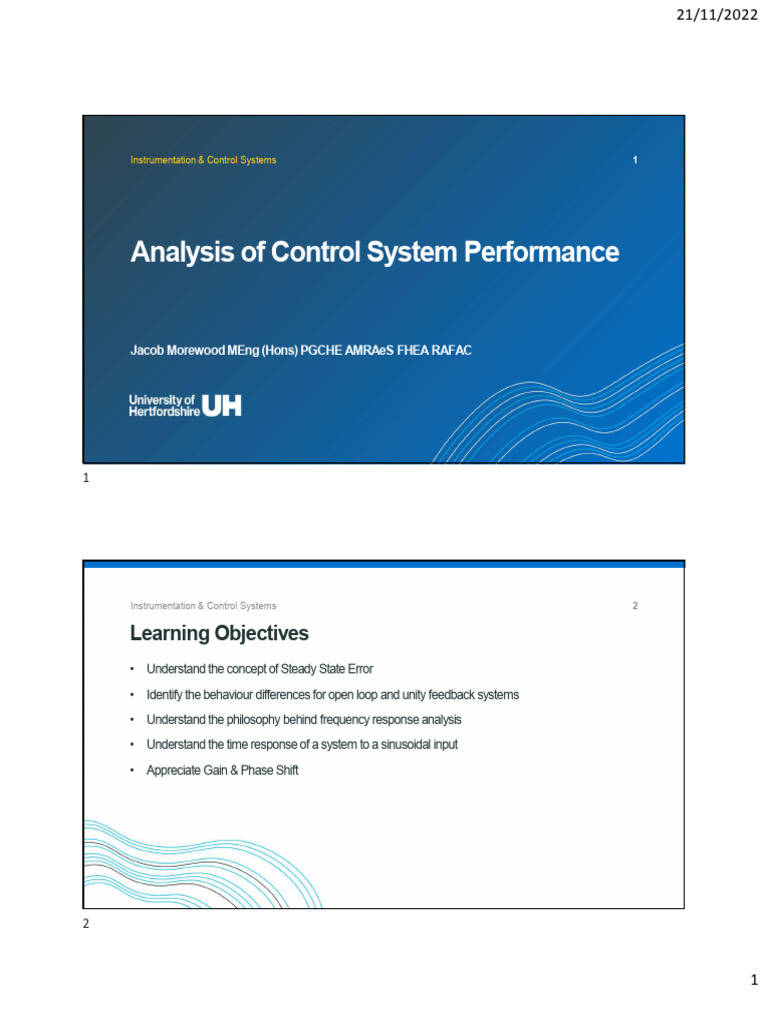 6ENT1009 - Lecture - Analysis of Control Systems Performance | PDF