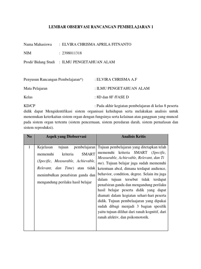 Lembar Observasi Rancangan Pembelajaran | PDF