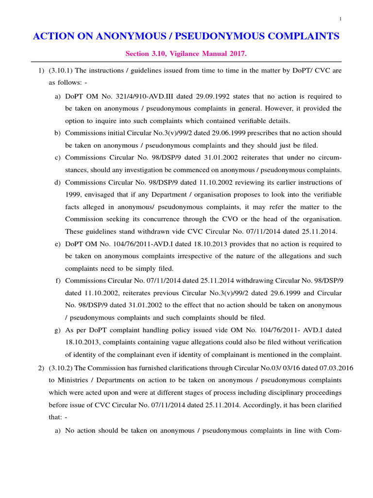 Guidelines on Anonymous Complaints | PDF | Justice | Crime & Violence