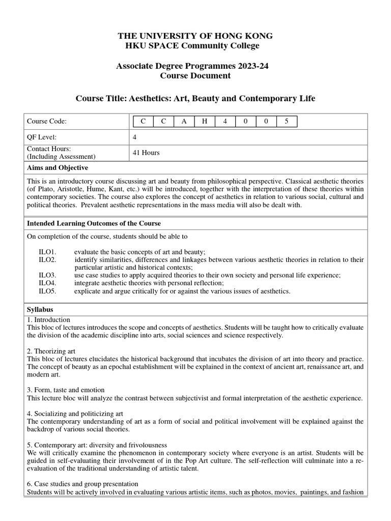 CCAH4005 Aesthetics Art Beauty and Contemporary Life - Course Outline ...