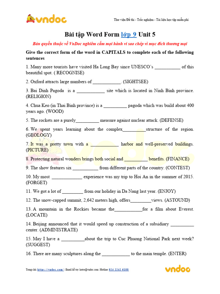 Word Form Lop 9 Unit 5 | PDF
