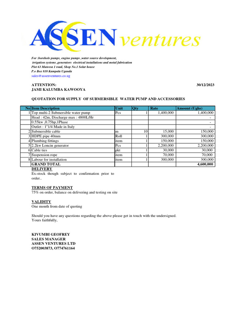 Quotation For Supply of Submersible Water Pump and Accessories ...