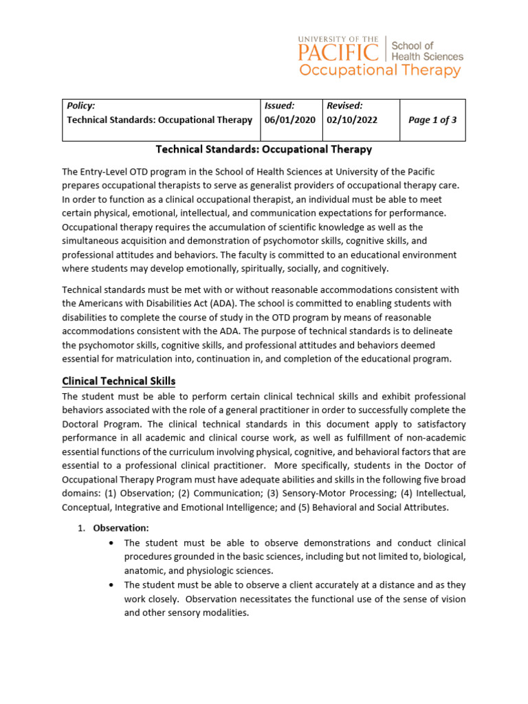 Ot Technical Standards | PDF | Occupational Therapy | Psychotherapy
