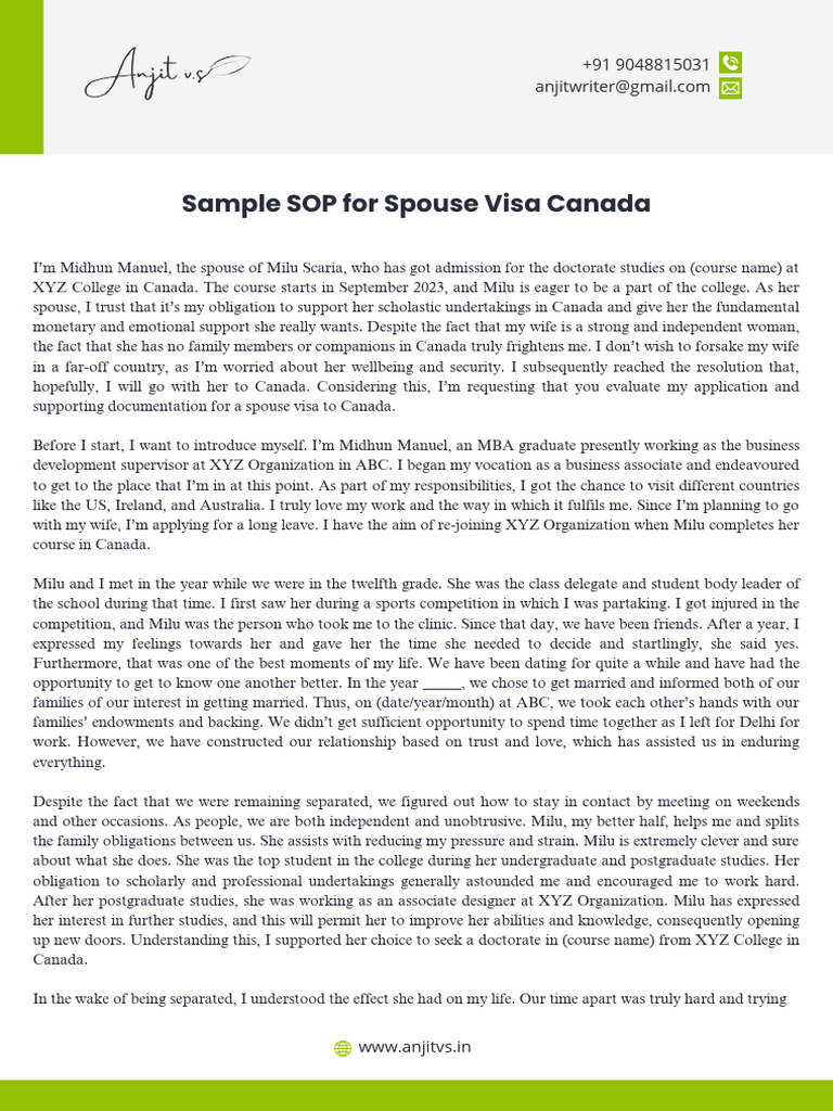 Sample SOP For Spouse Visa Canada | PDF