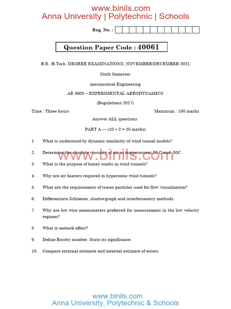 Experimental Aerodynamics Exam Paper | PDF | Fluid Dynamics | Aerodynamics