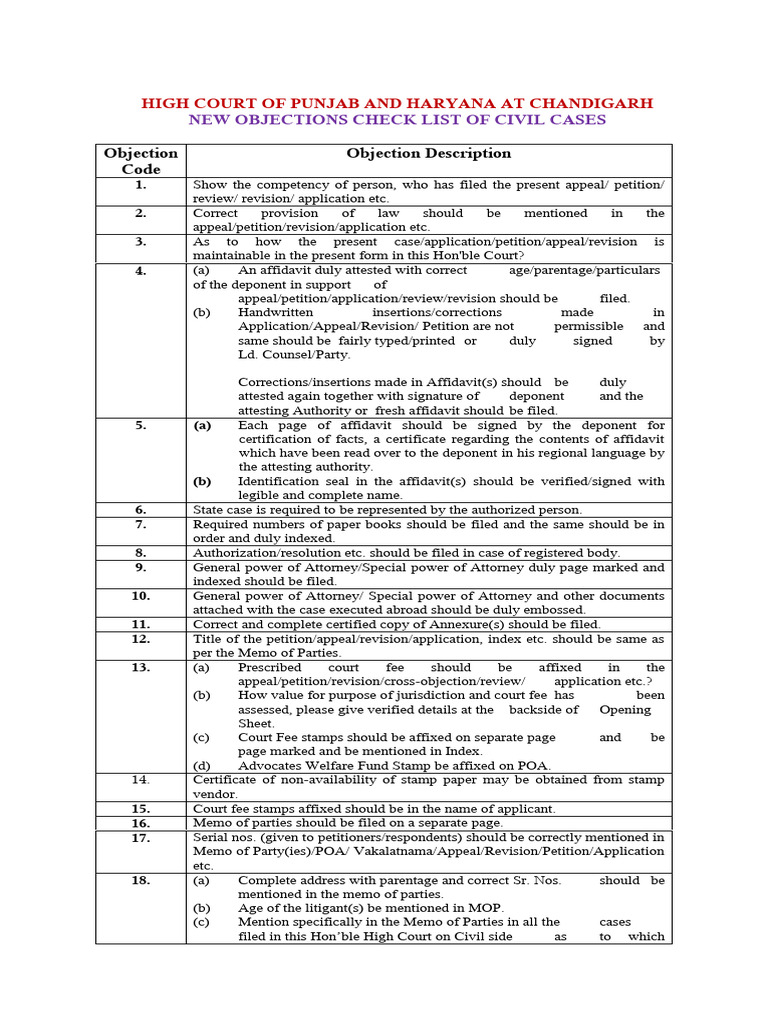Civil Objection Checklist for High Court | PDF | Appeal | Judgment (Law)