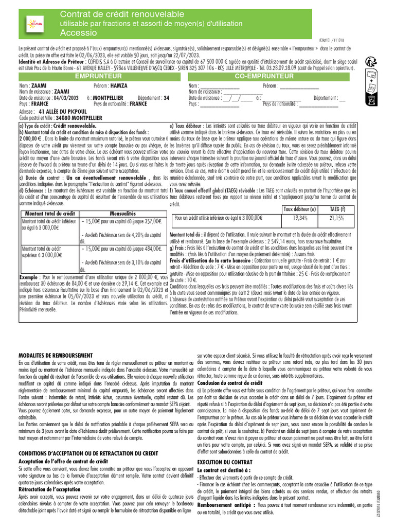 Contrat de Crédit Renouvelable Accessio: Utilisable Par Fractions Et ...