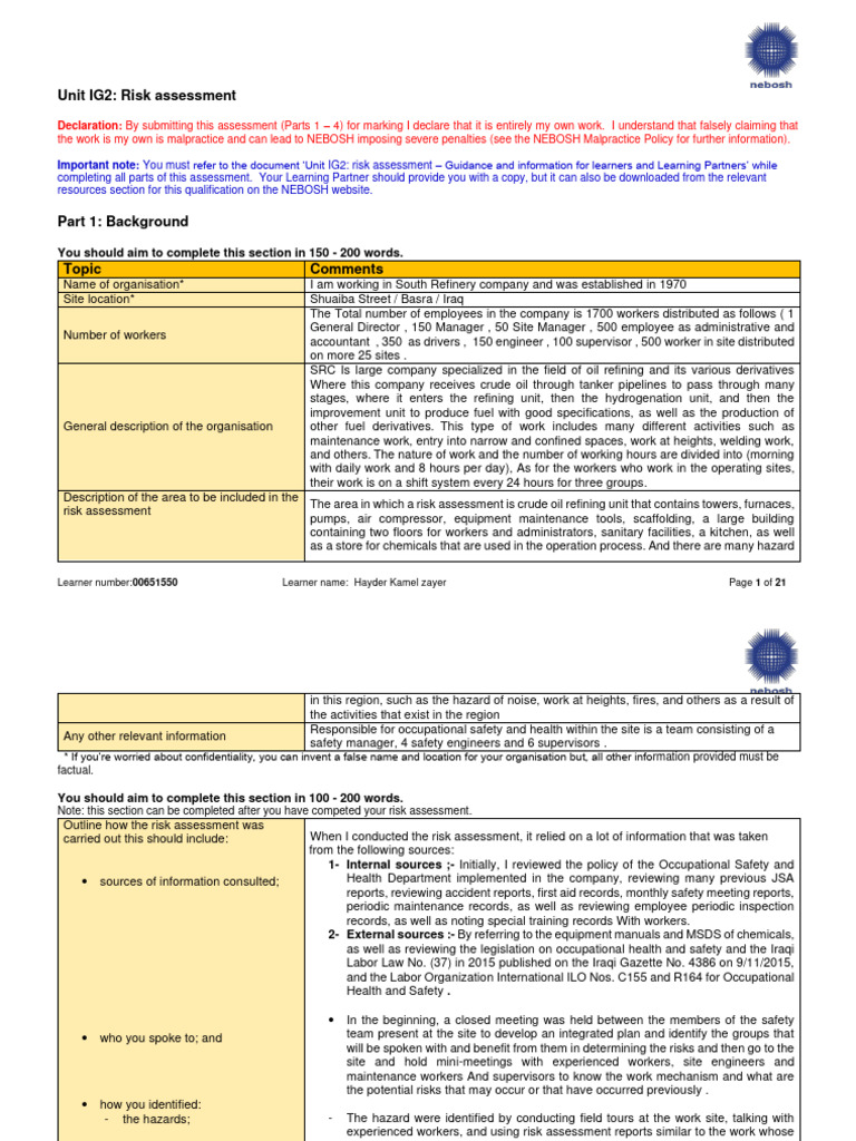 NEBOSH IG2 Risk Assessment Guide | PDF | Occupational Safety And Health | Oil Refinery