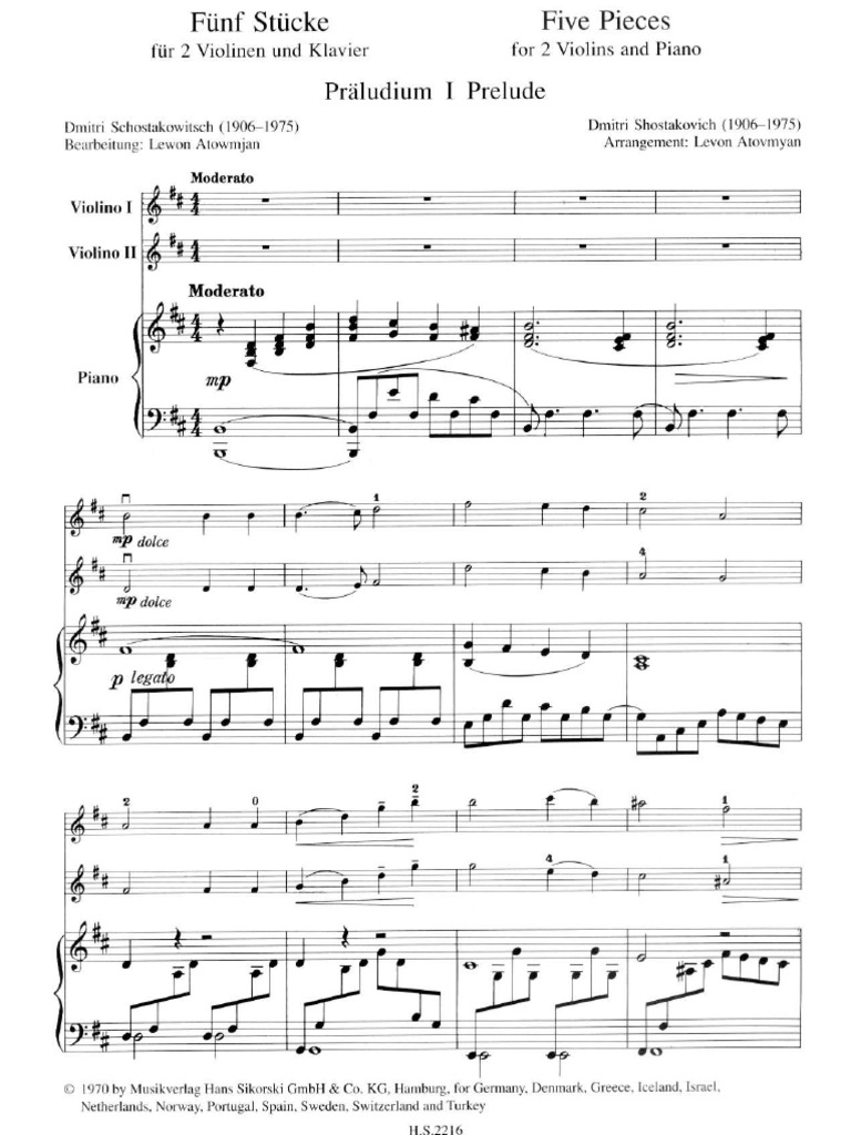 Violin Duets - Shostakovich 5 Pieces For 2 Violins and Piano | PDF