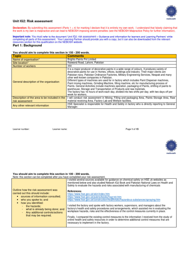 Unit IG2: Risk Assessment: Declaration: by Submitting This Assessment (Parts 1 | PDF