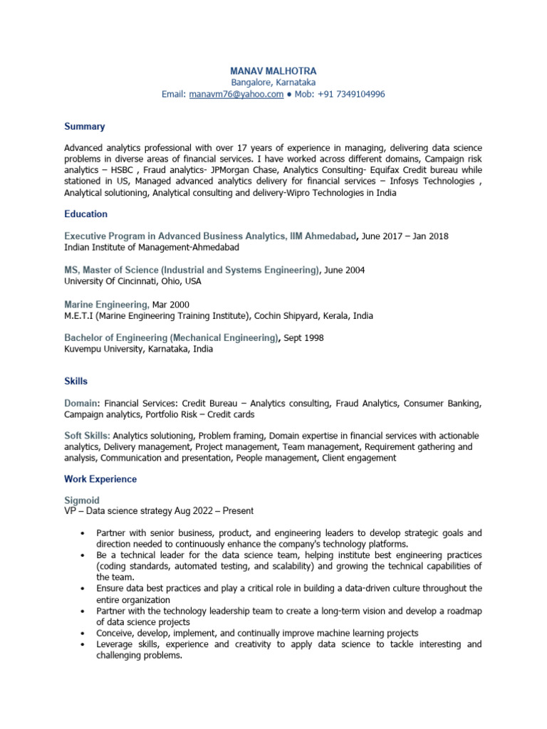 Manav - Malhotra Resume | PDF | Analytics | Machine Learning