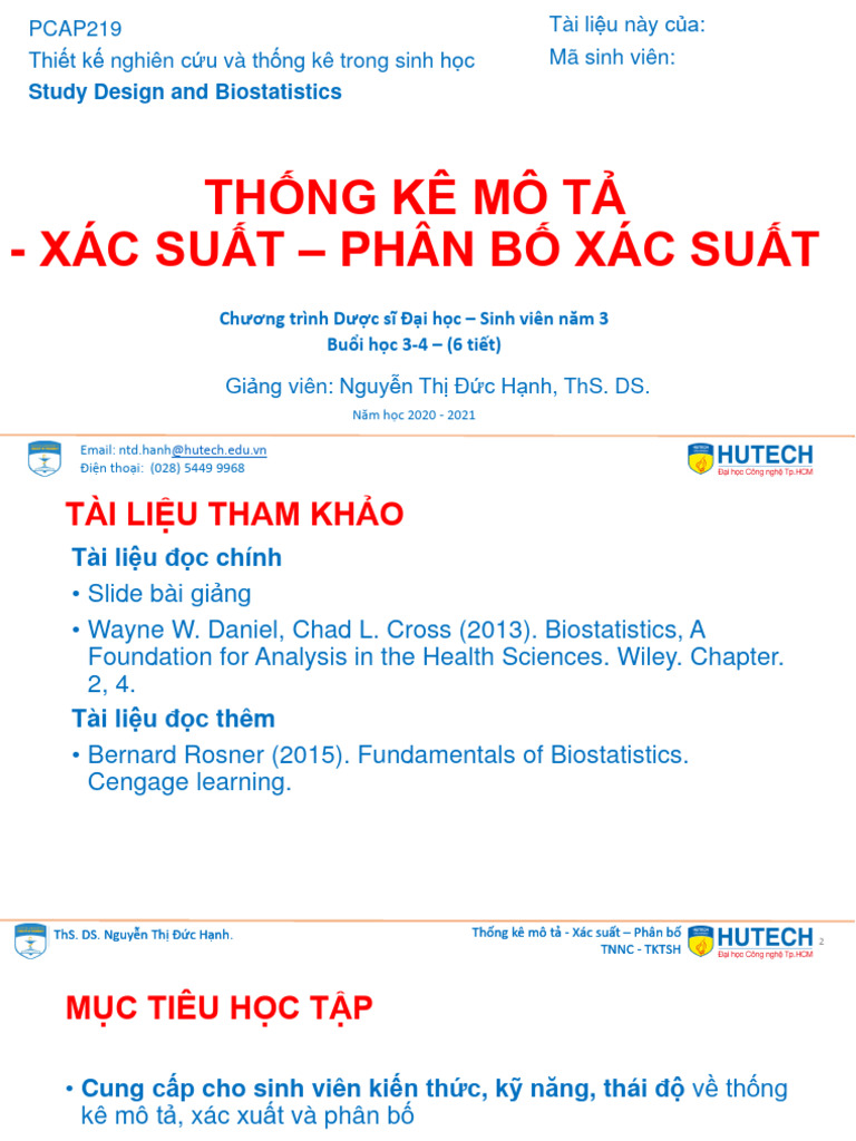NTD Hanh - Buoi3-4 - Thong Ke Mo Ta Xac Suat Phan Bo Xac Suat | PDF