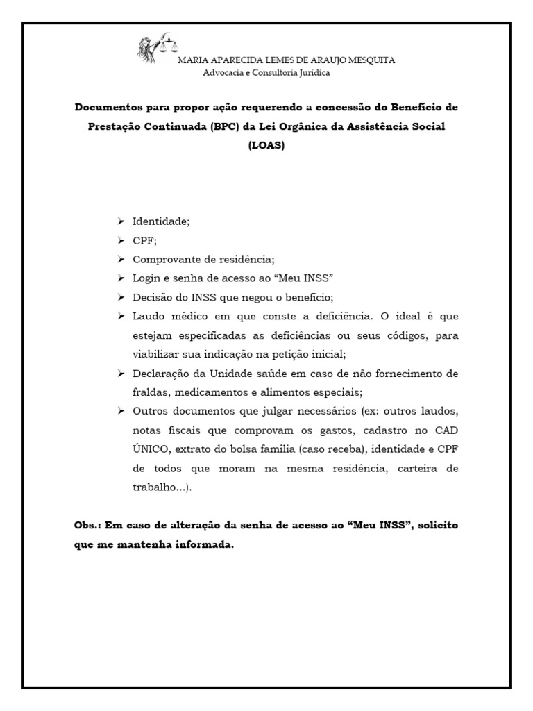 Modelo Relação de Documentos para BPC | PDF Modelo Relação de Documentos para BPC | PDF