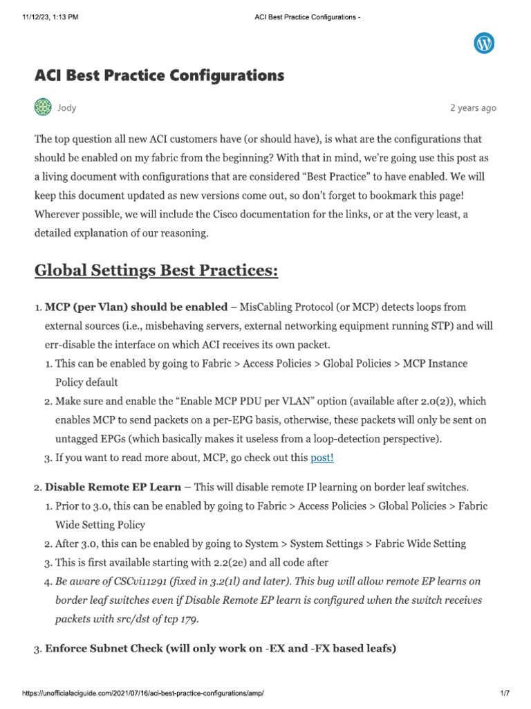 ACI Best Practice Configurations | PDF