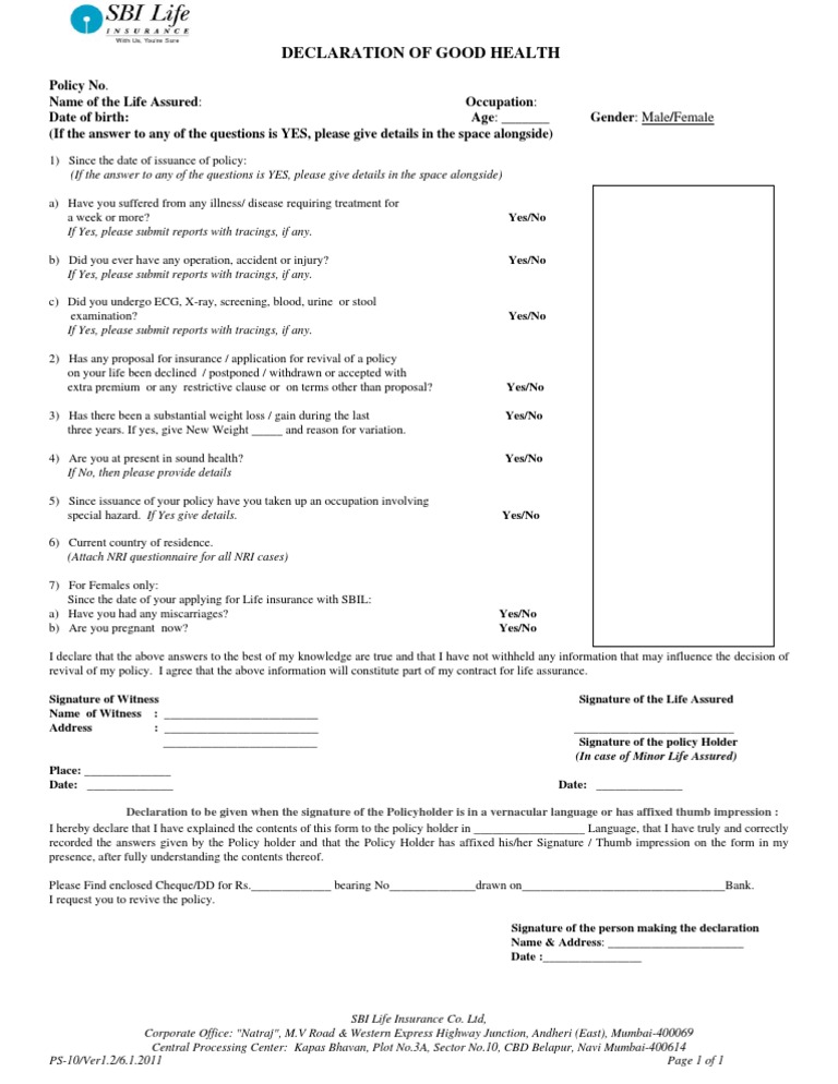 Declaration of Good Health Form | PDF | Life Insurance | Insurance