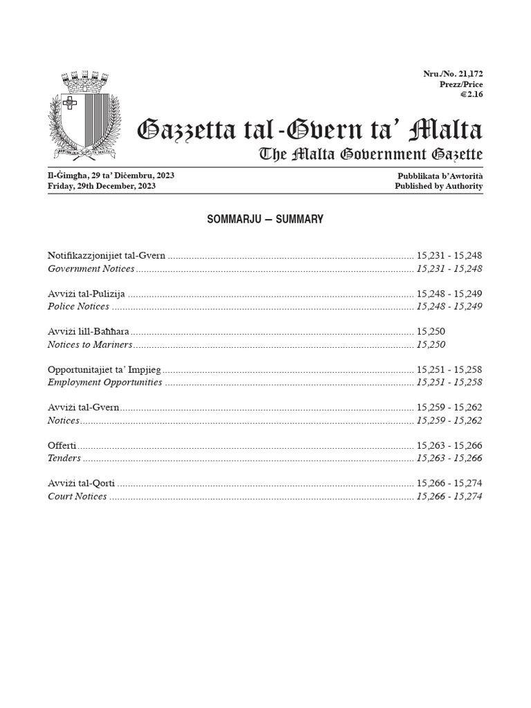 Malta Government Gazette - Dec 29, 2023 | PDF | Malta