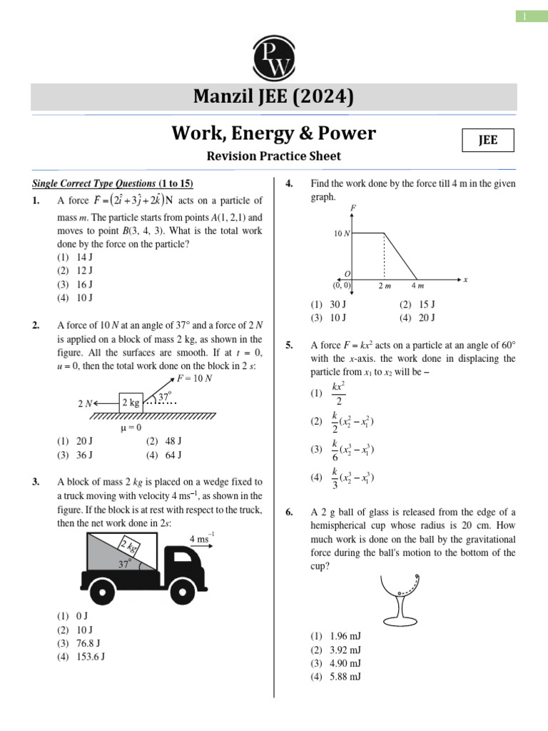 Work, Energy and Power - Practice Sheet | PDF | Force | Friction