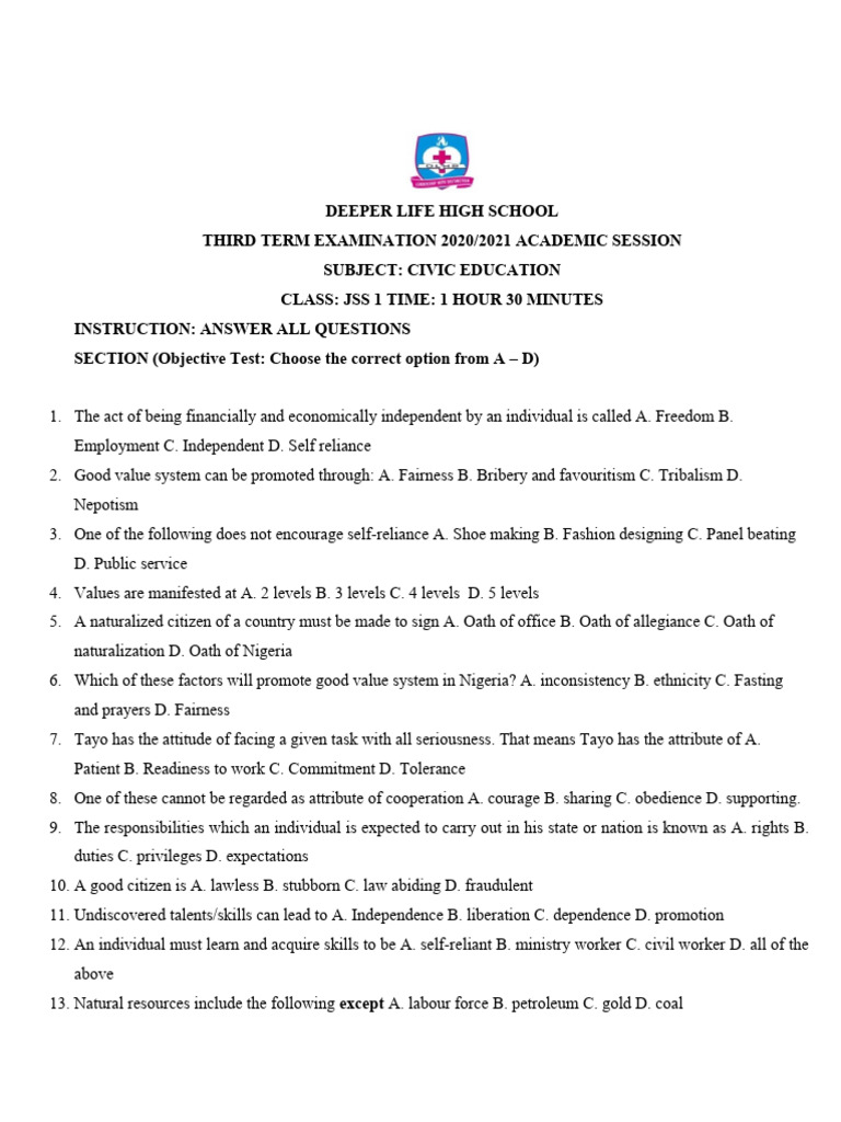 JS 1 Civic Edu 3RD Term Exam 2020 - 2021 | PDF | Nigeria