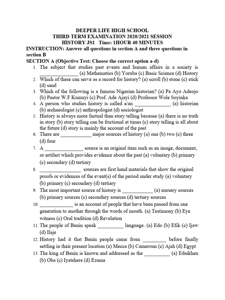 JSS1 Third Term History Exam 2021 | PDF | Nigeria