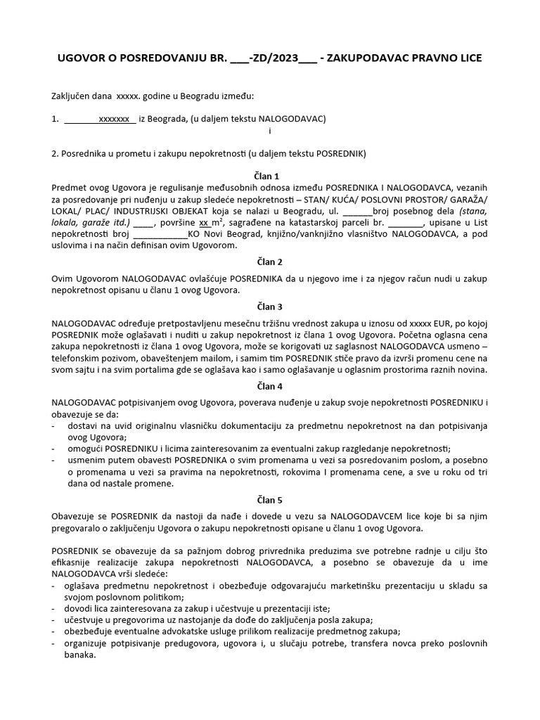 Ugovor o Posredovanju U Zakupu Zakupodavac Fizicko Lice | PDF